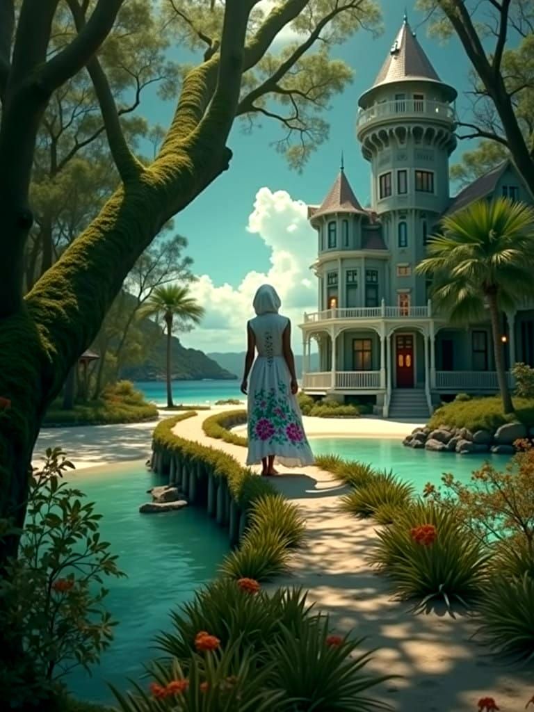 Ethereal Mansion Amidst Luminous Beach in Vibrant ... - AI Art