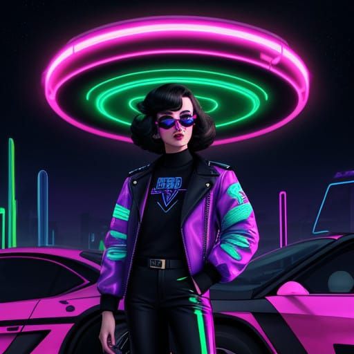 Retro-Futuristic Woman beneath a Synthwave UFO - AI Art