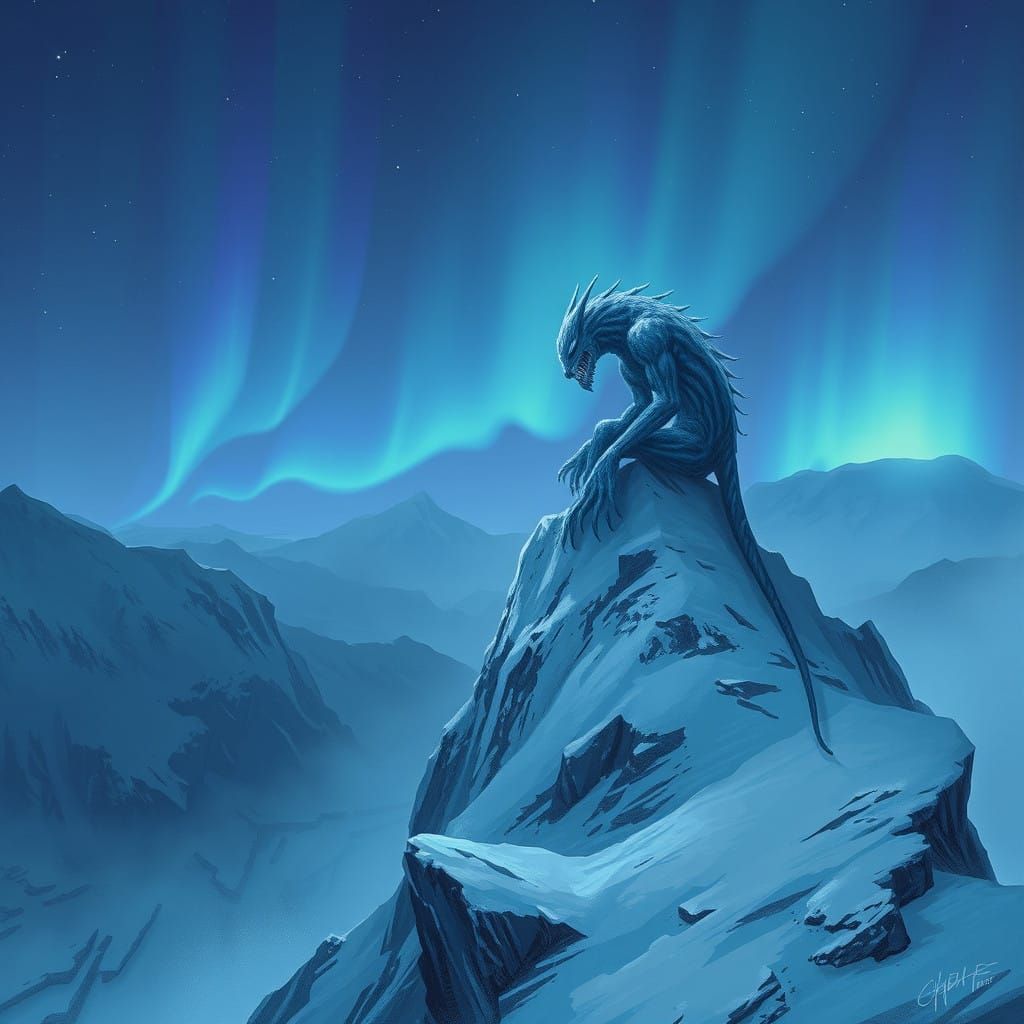 Frozen Beast Surveys Aurora Borealis in Midnight L... - AI Art