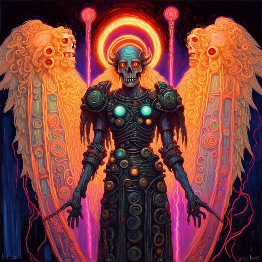 Glowing Neon Horror undead apocalyptic angel knight by Gustav Klimt ...