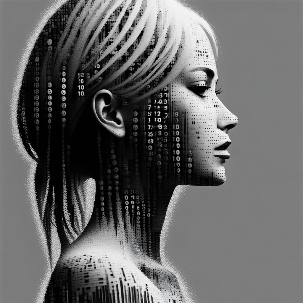 A silhouette of Woman made using binary numbers from 1 to 1000, black ...