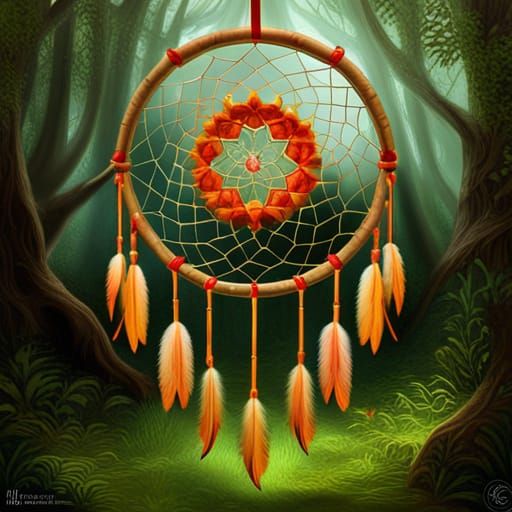"A dreamcatcher intricately woven with vines, feathers, and flowers ...