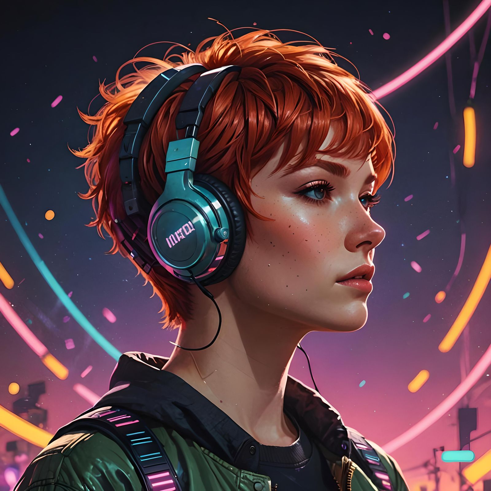Redhead Girl with a pixie cut becomes one with her music, retrowave solarpunk - AI Generated ...