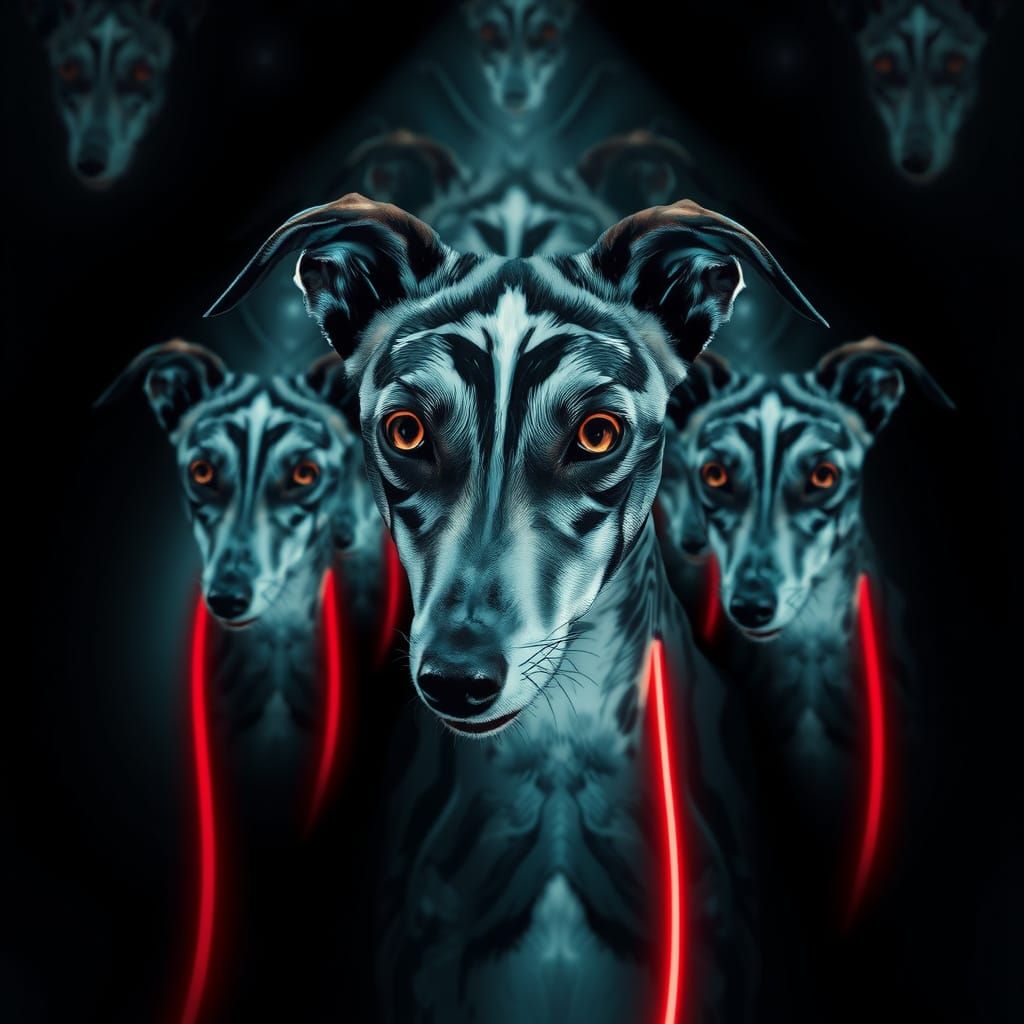Fractal faces repeating into the distance. It is a face of a greyhound ...