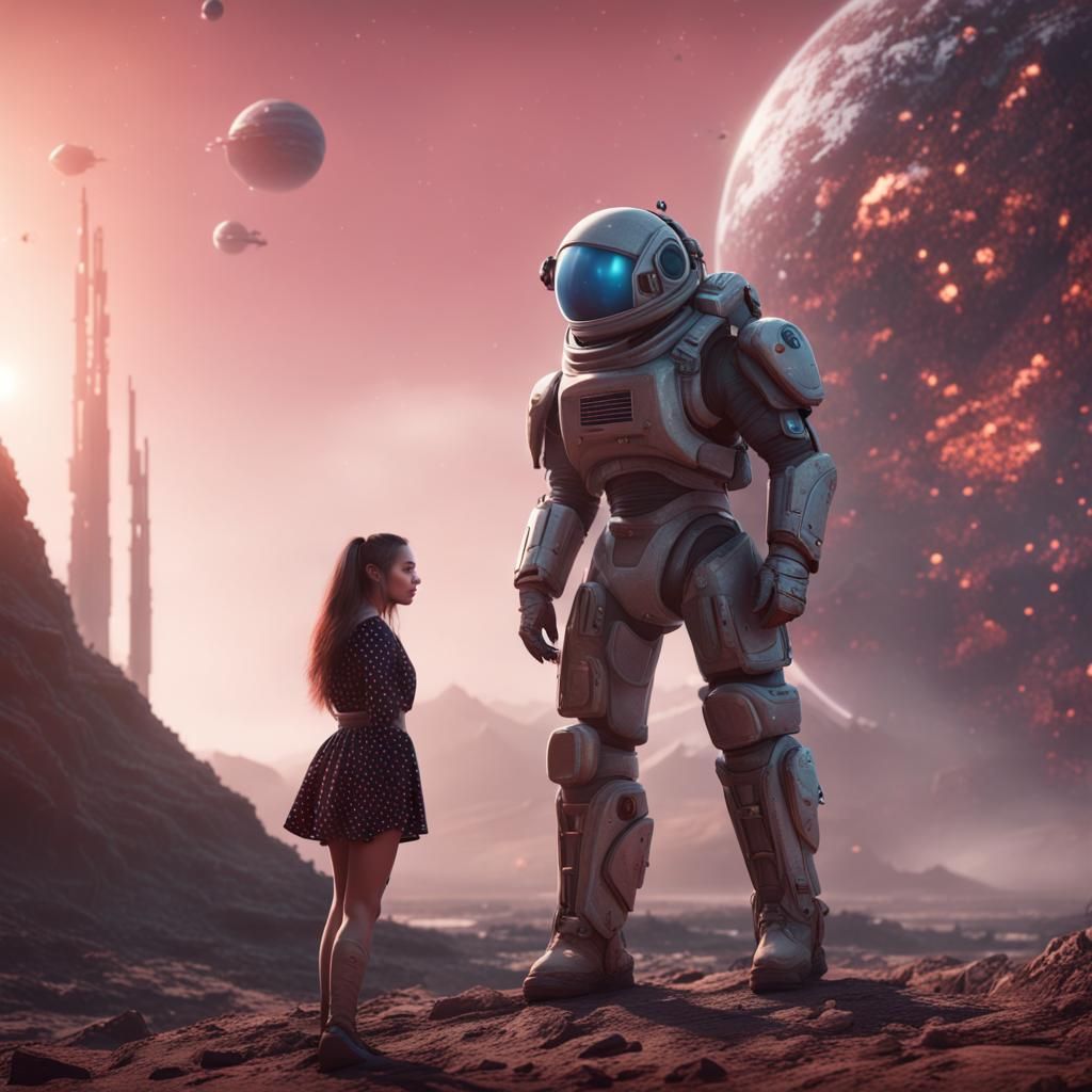 human girl in polka dot dress, standing next to human space soldier on ...