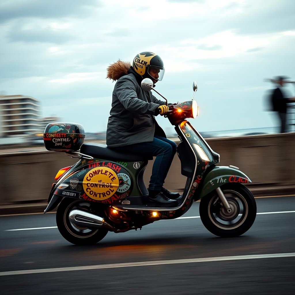 A mod wearing a parka rides a scooter wrapped in artwork inspired by ...