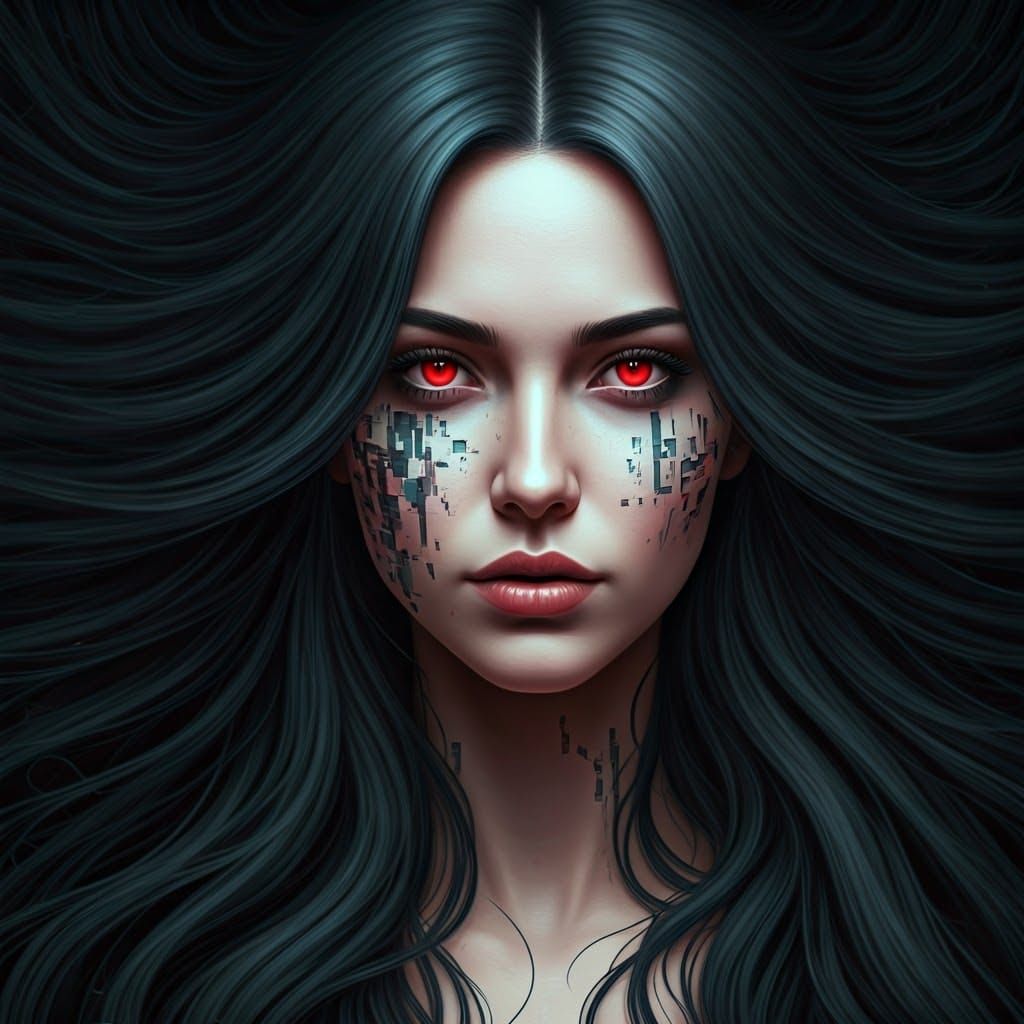 a cyber-gothic profile portrait of a haunting female figure with ...