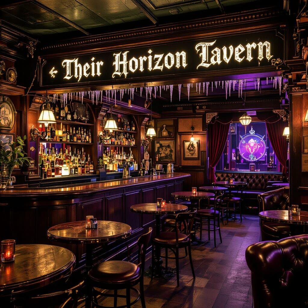 A steampunk / gothic bar “the "Their Horizon Tavern" written in icicle ...
