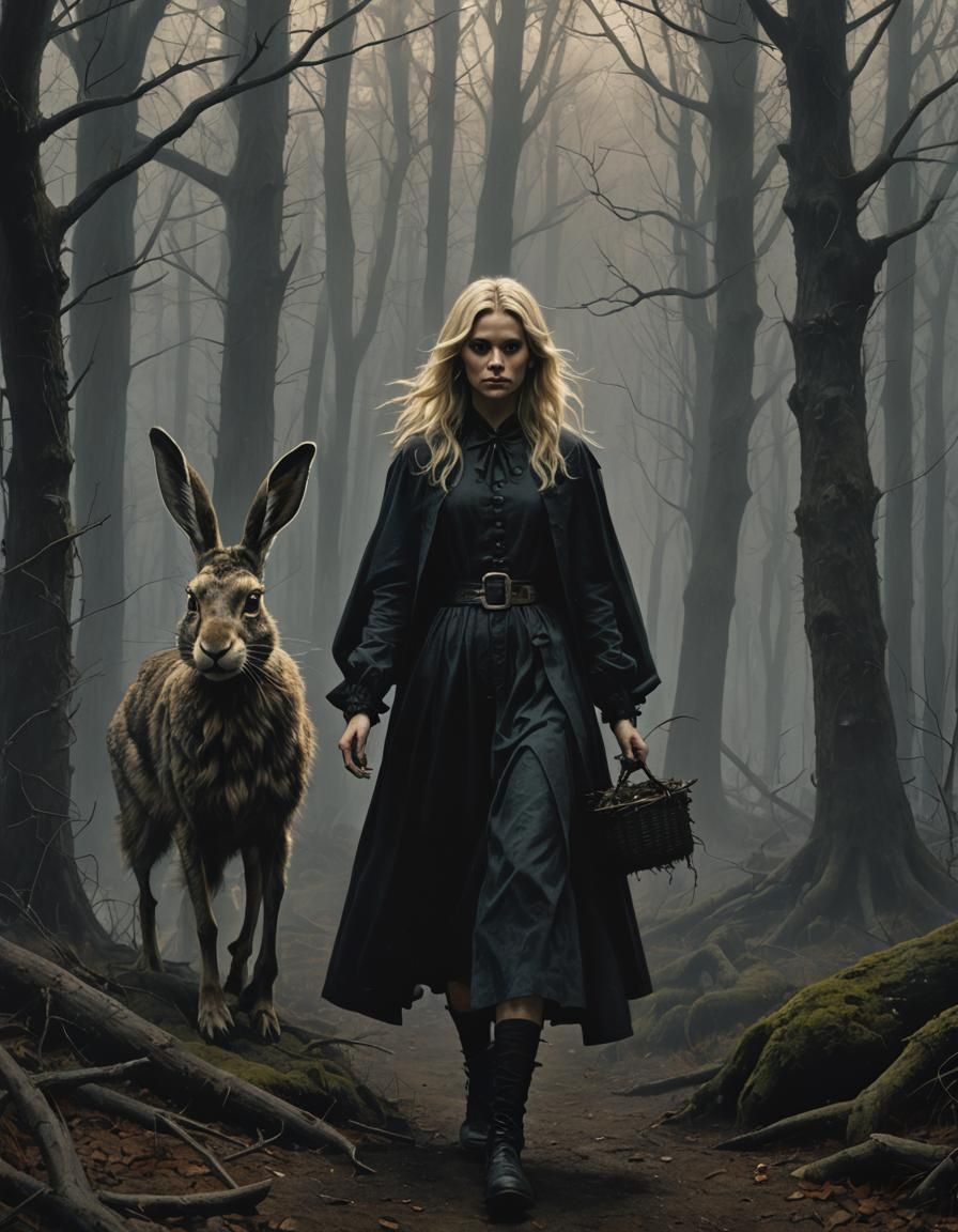 dark folk-horror blond puritan teen girl witch with creepy demonic ...