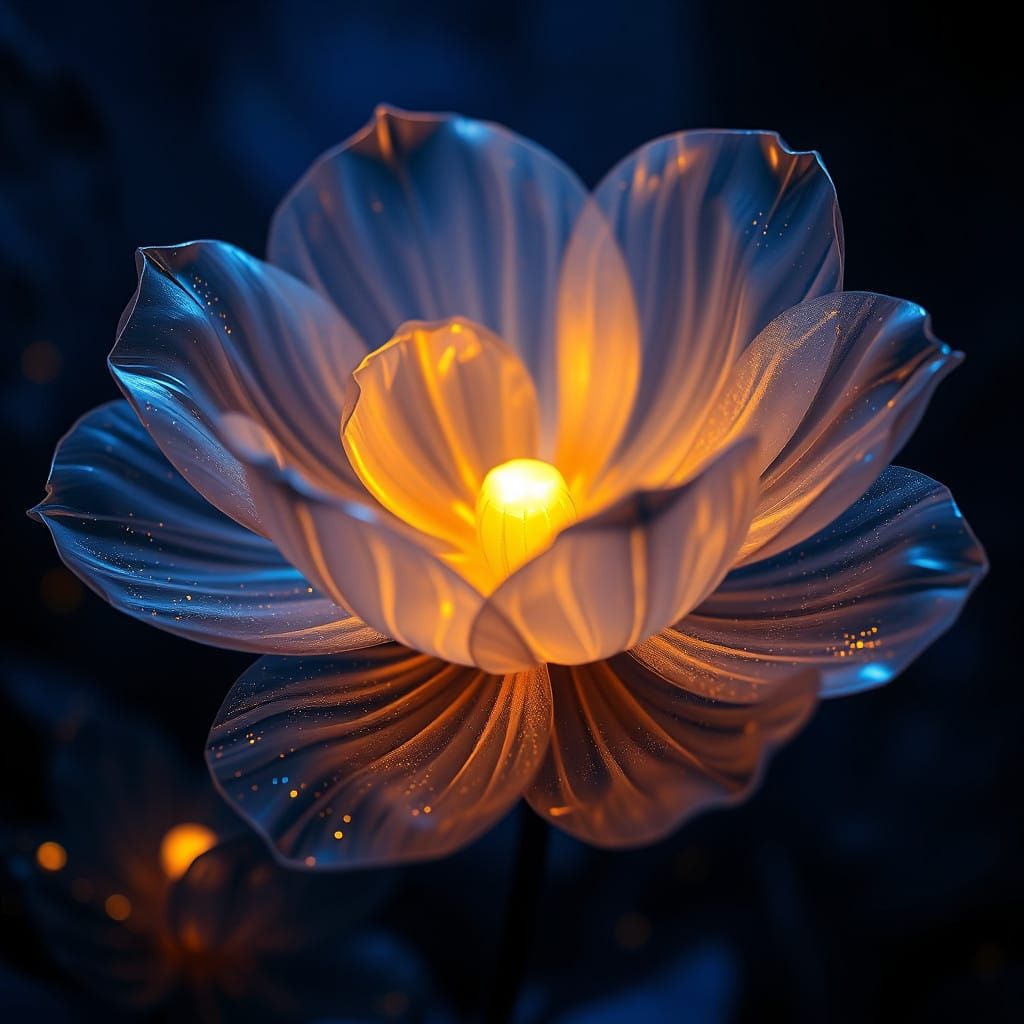A vibrant, ethereal, glowing flower with translucent clear petals and a ...