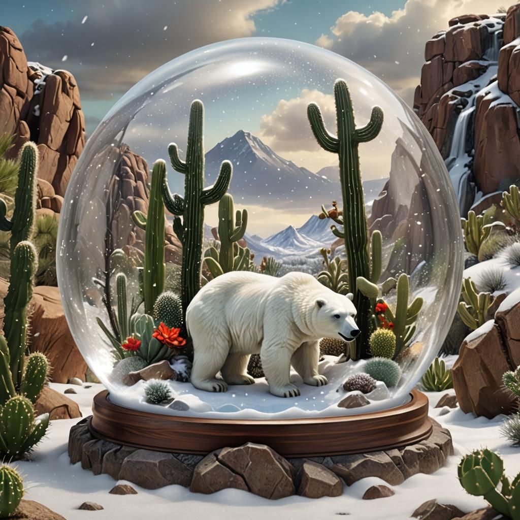A snow globe containing a snow scene with a polar bear inside the snow ...