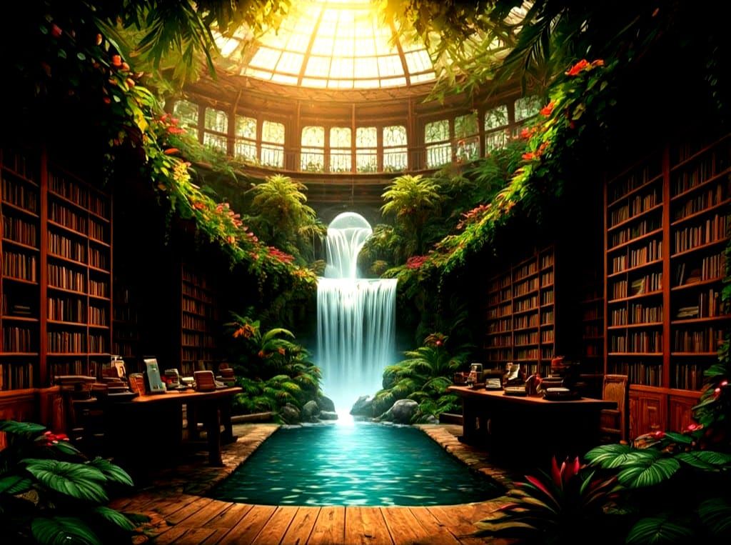 Jungle Library - Lush Jungle Oasis Library at Sunset
