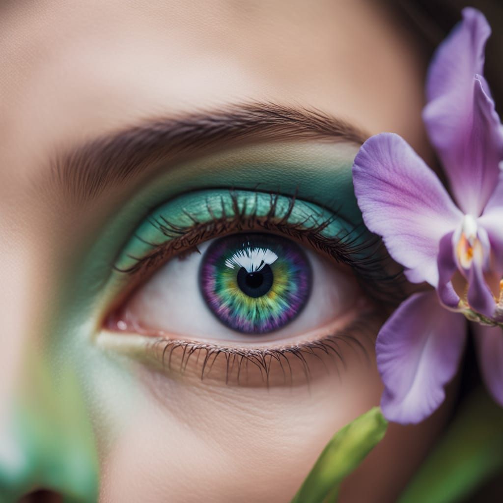 Surrealist Portrait with Vibrant Orchid Eyes in Tr... - AI Art
