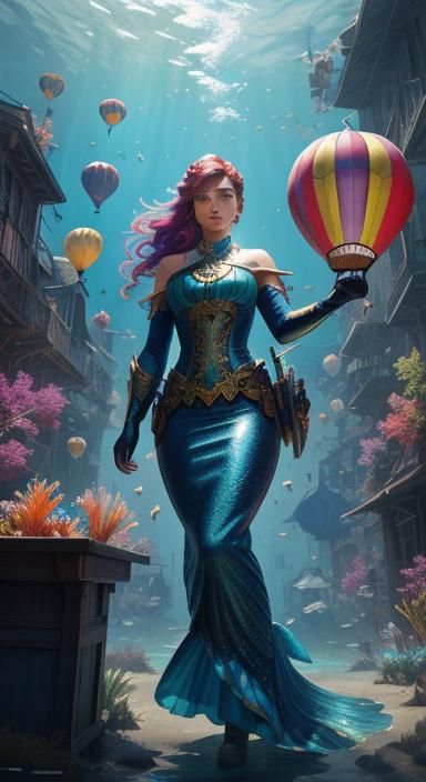mermaid holding hot air balloon underwater town with colorful fish - AI ...