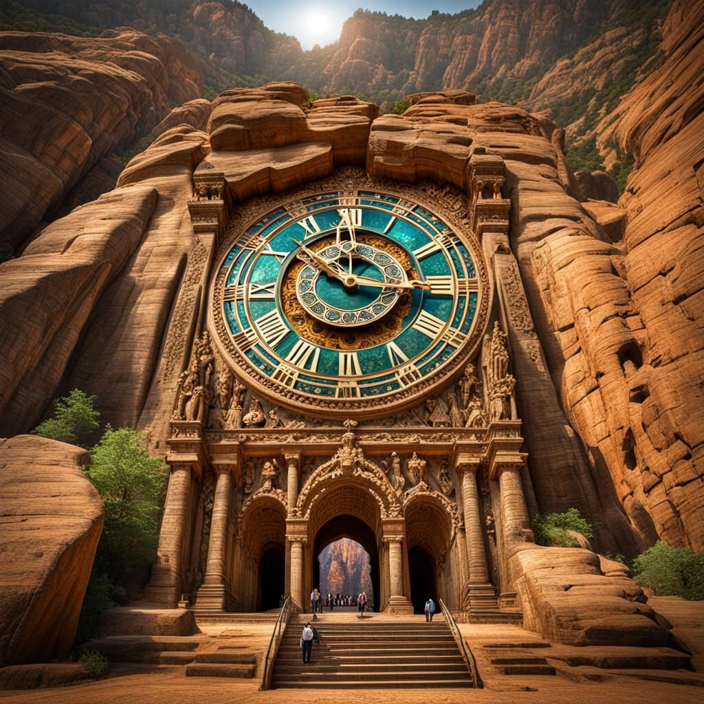 A gigantic clock carved into a cliff face with humans worshiping far ...