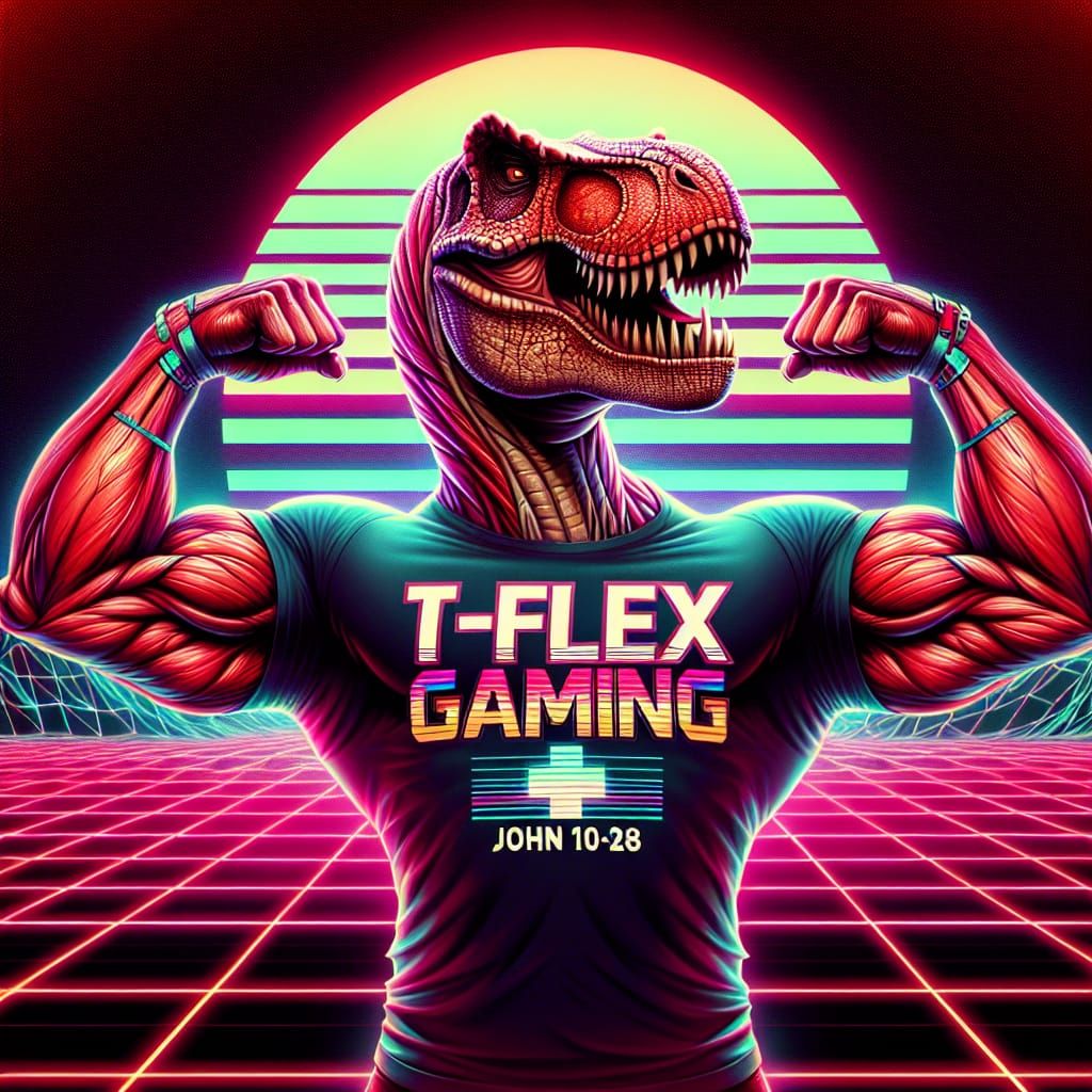 Muscular T-Rex Flexing in Synthwave Style - AI Art