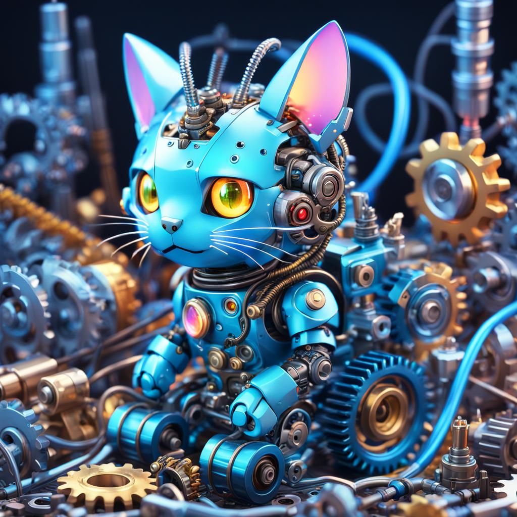 Chibi Robot dracat - Vibrant Pastel Robot Dragon Feline in W...