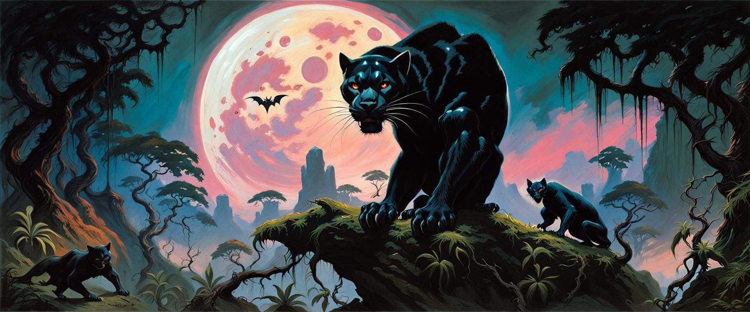 bats, style of Frank Frazetta by Boris Vallejo, jungle moonrise, huge ...