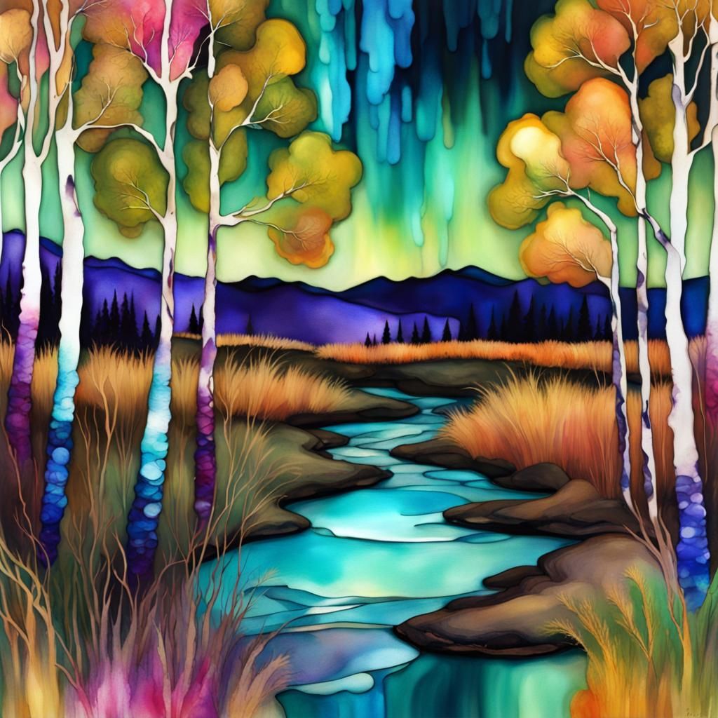alcohol ink :: drip art :: abstract aspen trees :: meandering stream ...