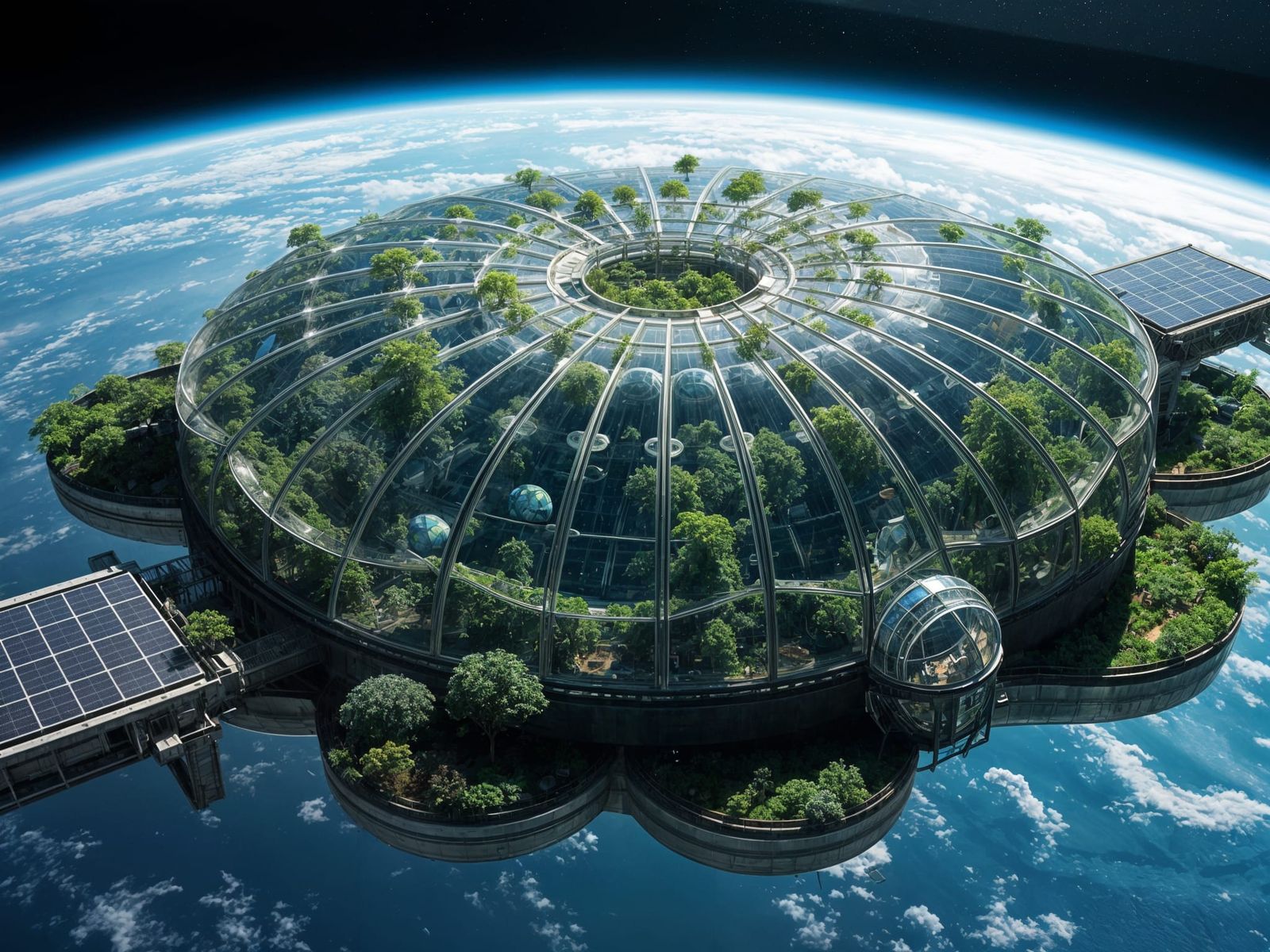solarpunk settlement orbiting Earth, similar in scale to the ...