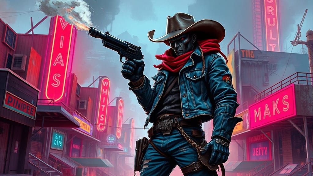 Cyberpunk Cowboy Android Stands Tall in Gritty, Ne... - AI Art