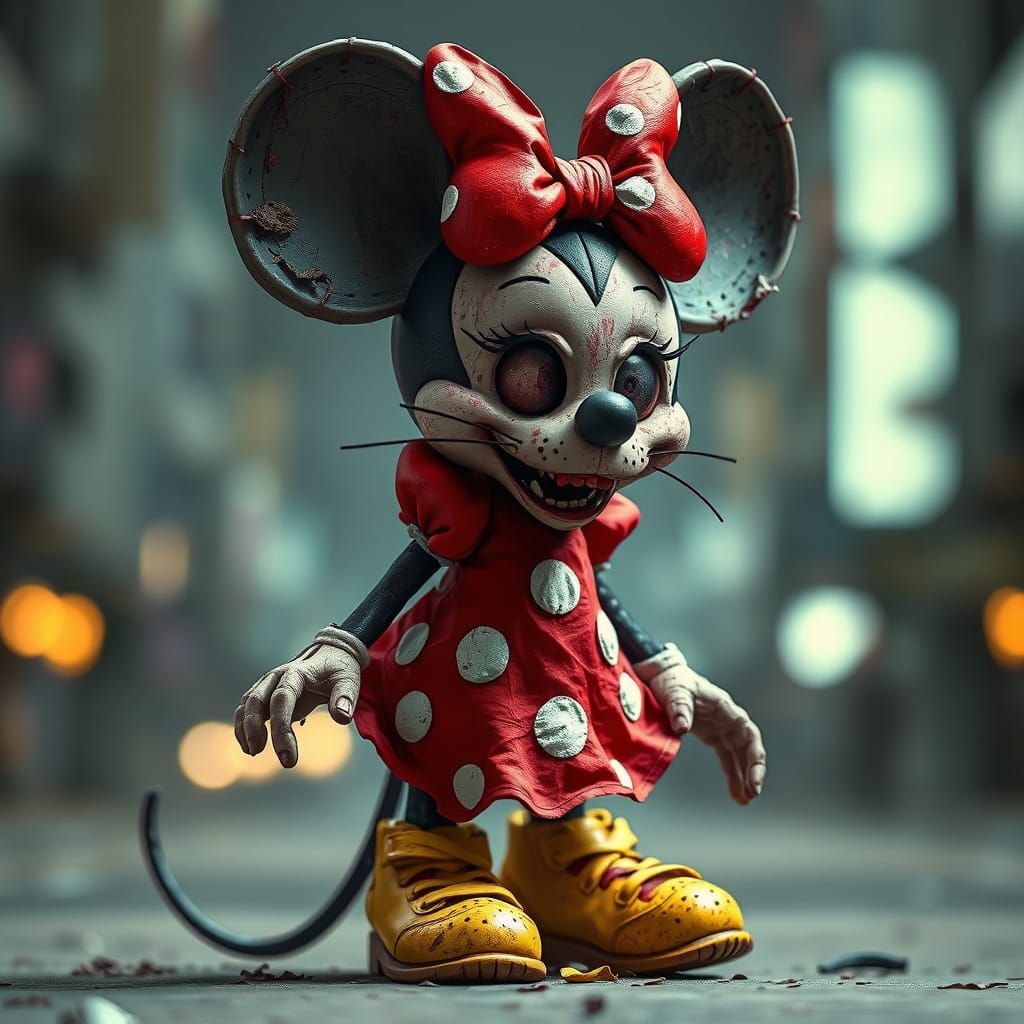 Minnie Mouse realista malvada Zombi tamaño gigante en una ciudad post ...