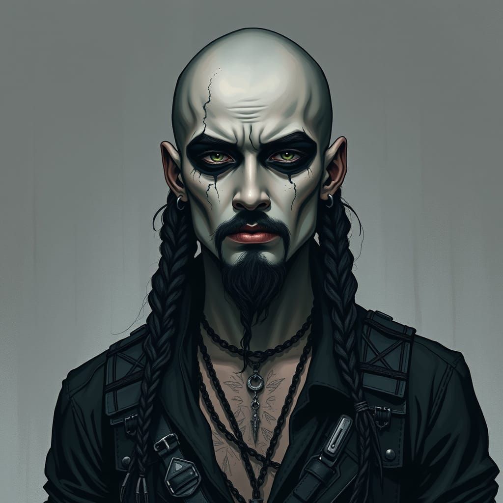 Gothic Noir Portrait of Man with Braided Goatee - AI Art