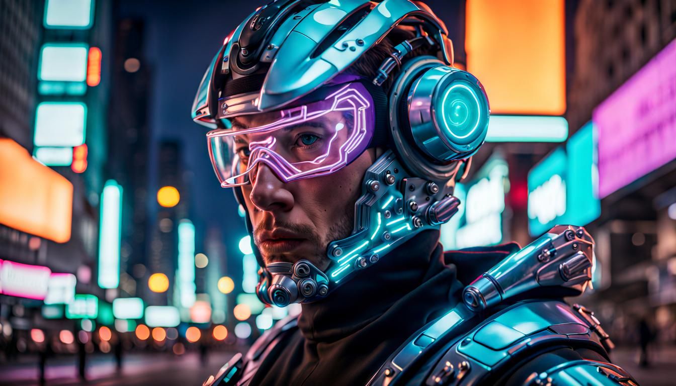 Portrait of a cyborg male news reporter wearing futuristic face armor ...