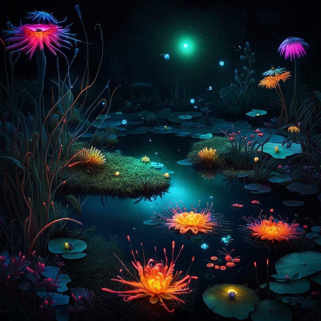 Beautiful surface of a pond at night with magical vivid bioluminescent ...