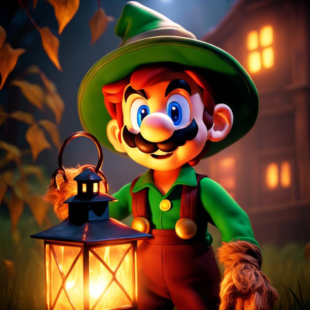 Mario dressed as a scarecrow excited to see the haunted house - AI ...