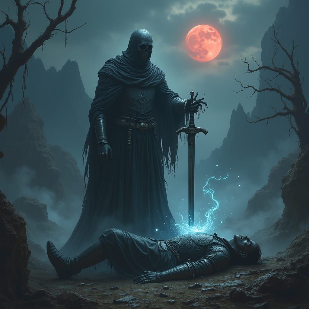 Dark Fantasy Scene: Wraith Devours Knight's Soul - AI Art