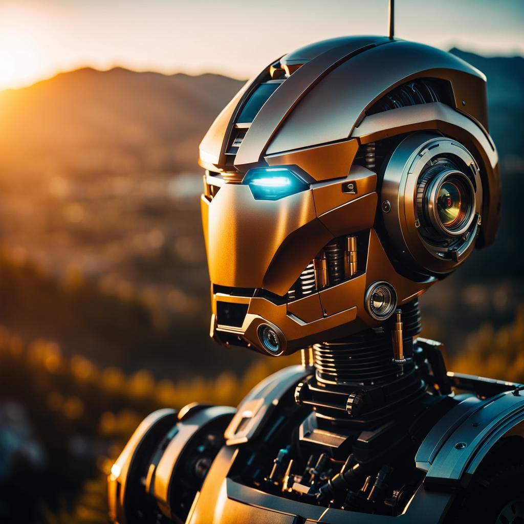 A close-up shot of mechanical human-droid robot alone in mountain ...