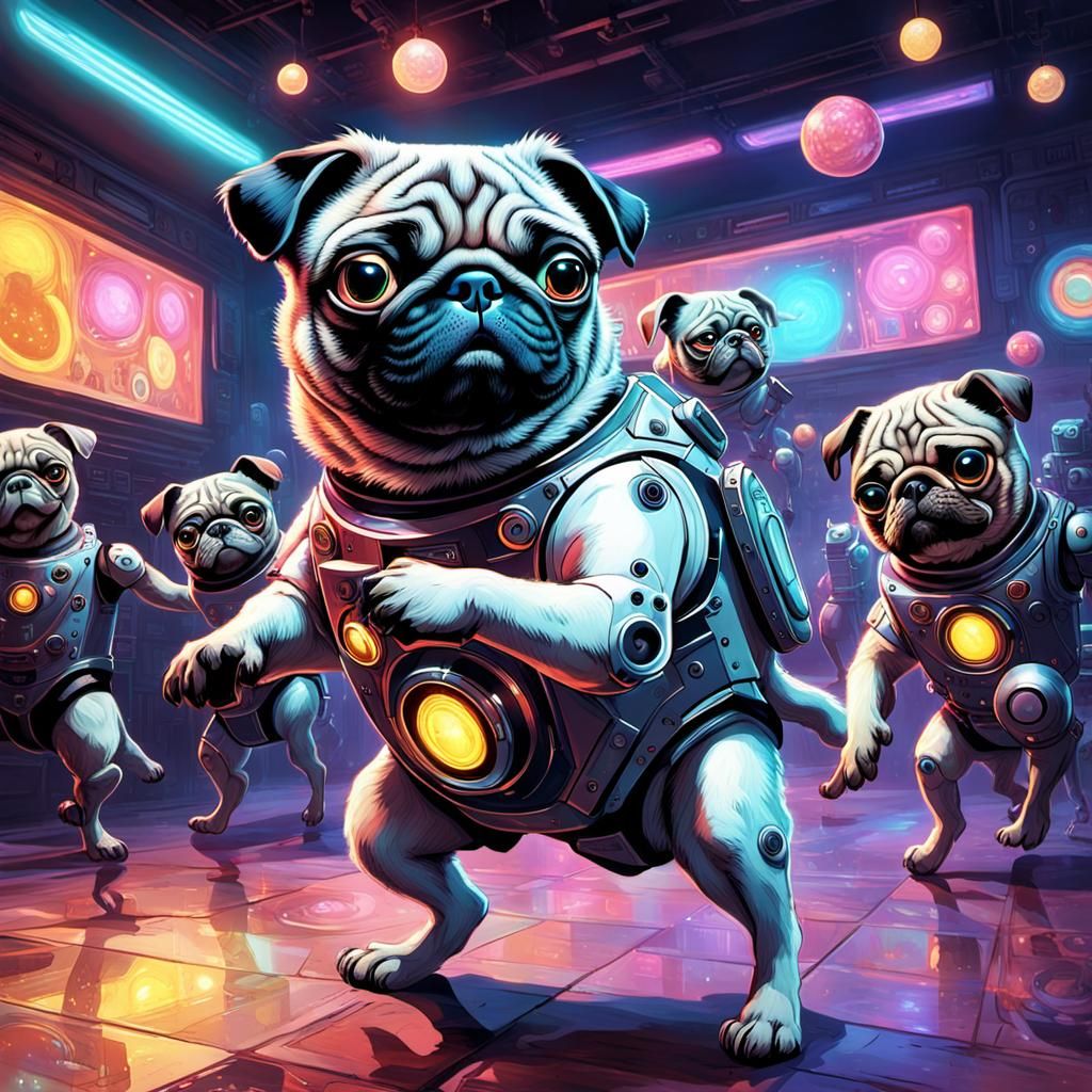 cute cyborg pug dancing in a discotheque - AI Generated Artwork ...
