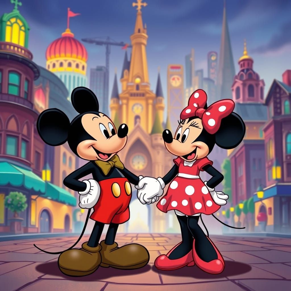 Mickey and Minnie Mouse - Vibrant Cityscape Mickey and Minn...