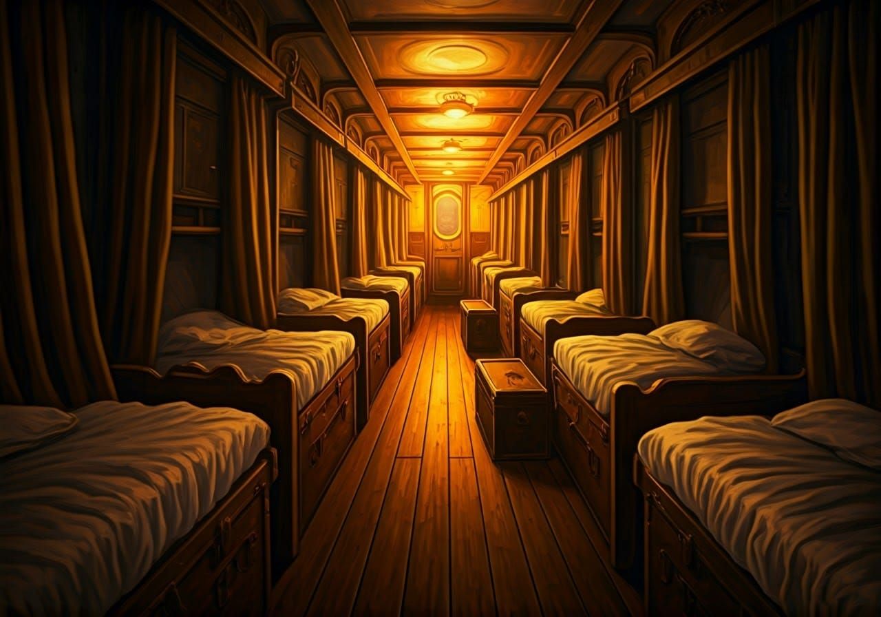 Warm Golden Light in Third-Class Cabin Oil Paintin... - AI Art