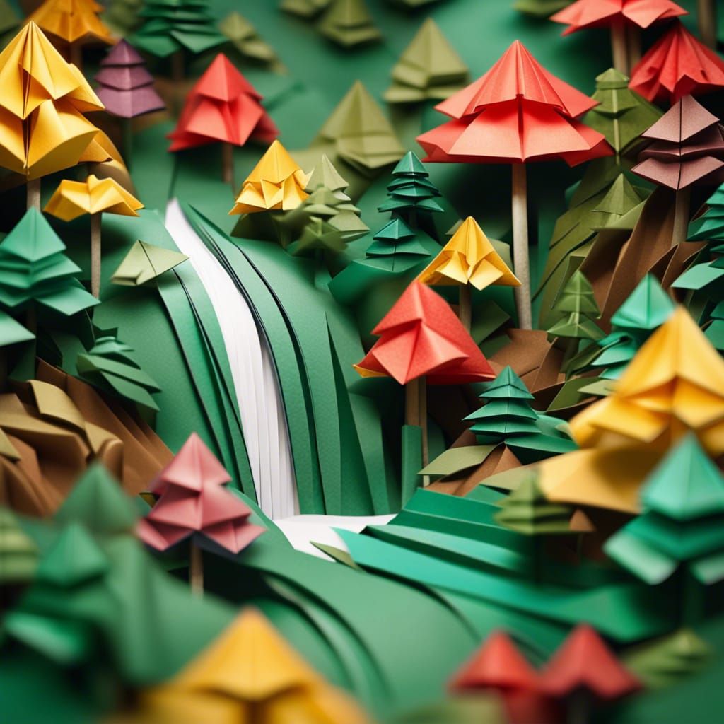 Origami waterfall in a forest - AI Generated Artwork - NightCafe Creator