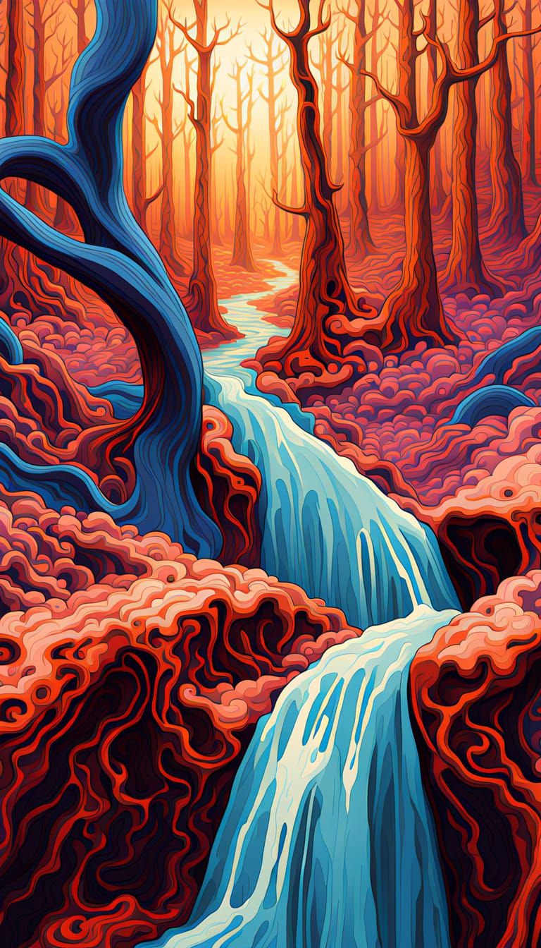 Surreal Daliesque Dry Waterfall with Dead Trees an... - AI Art