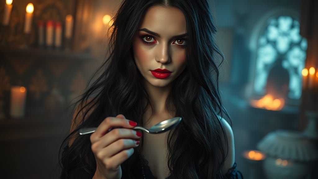 Ethereal Woman in Flickering Firelight, Raven Hair... - AI Art