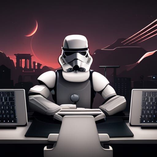 a stormtrooper at laptop typing a blog view from the back - AI ...