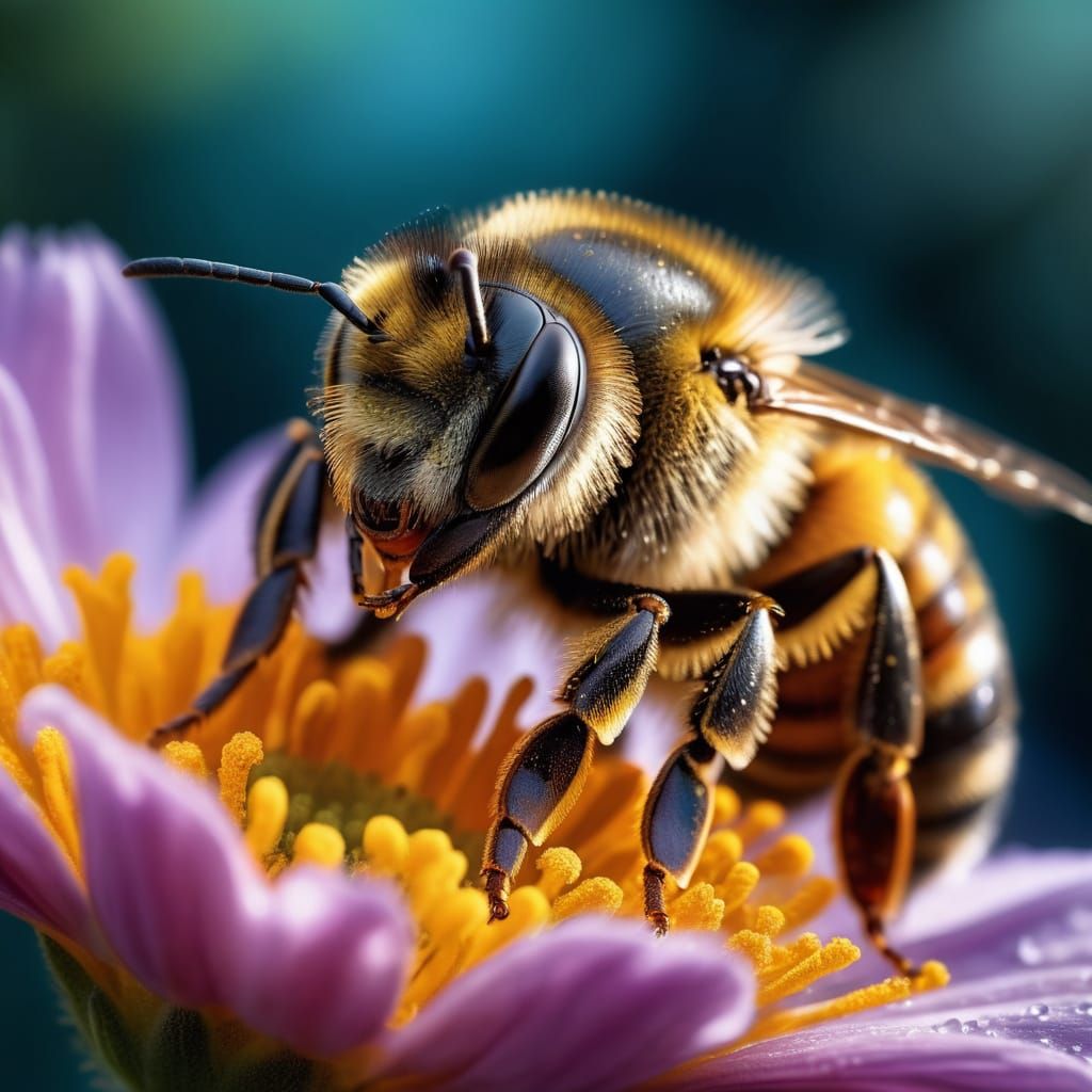 The Bee - Vivid Close-up of a Bee Collecting Pollen in Hyper...
