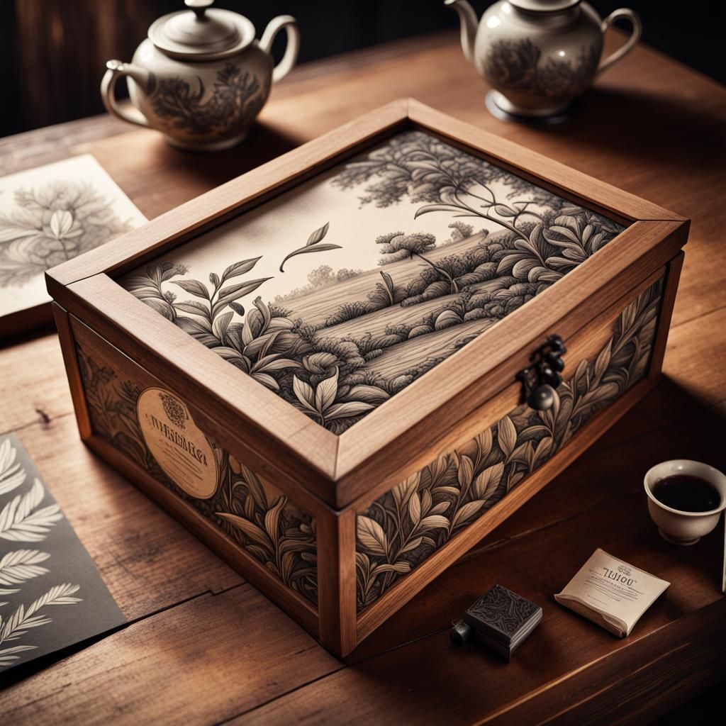 Industrial design, organic tea wooden box with rich vintage ...
