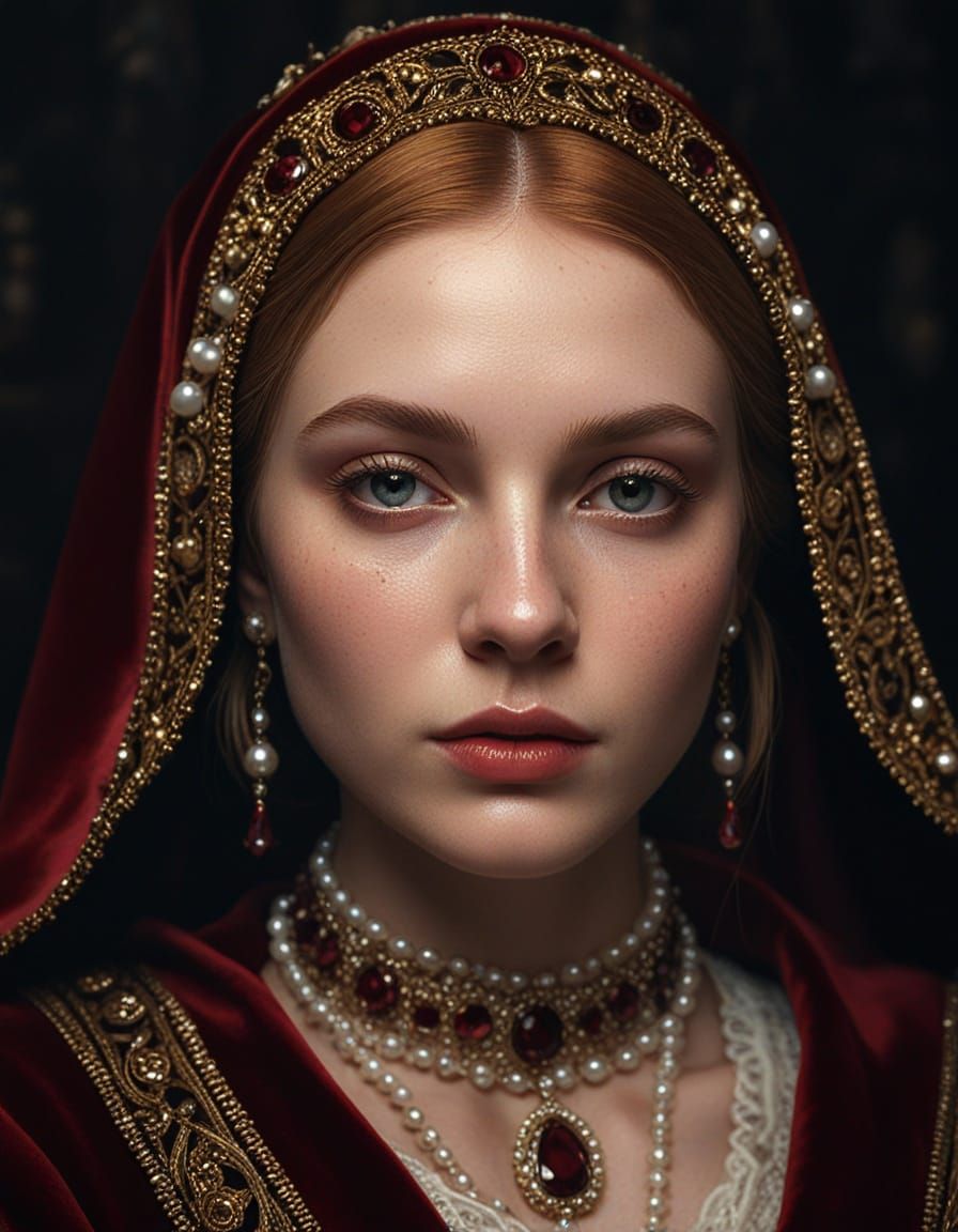 Hyperrealistic 8k photo portrait of young teenage beauty Catherine Howard, wearing red gown ...