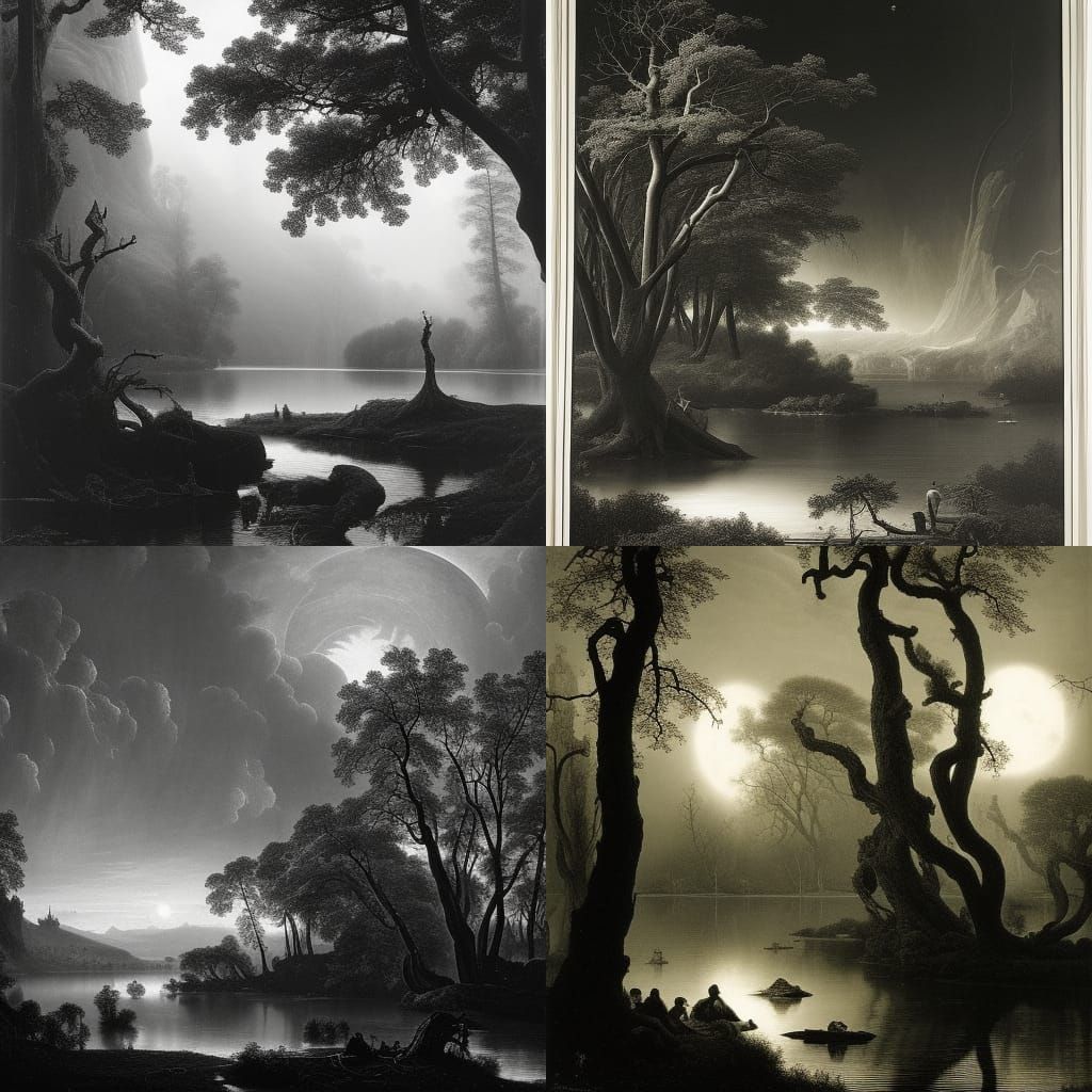 a fantastical black and white monochrome scene with wonderful ...