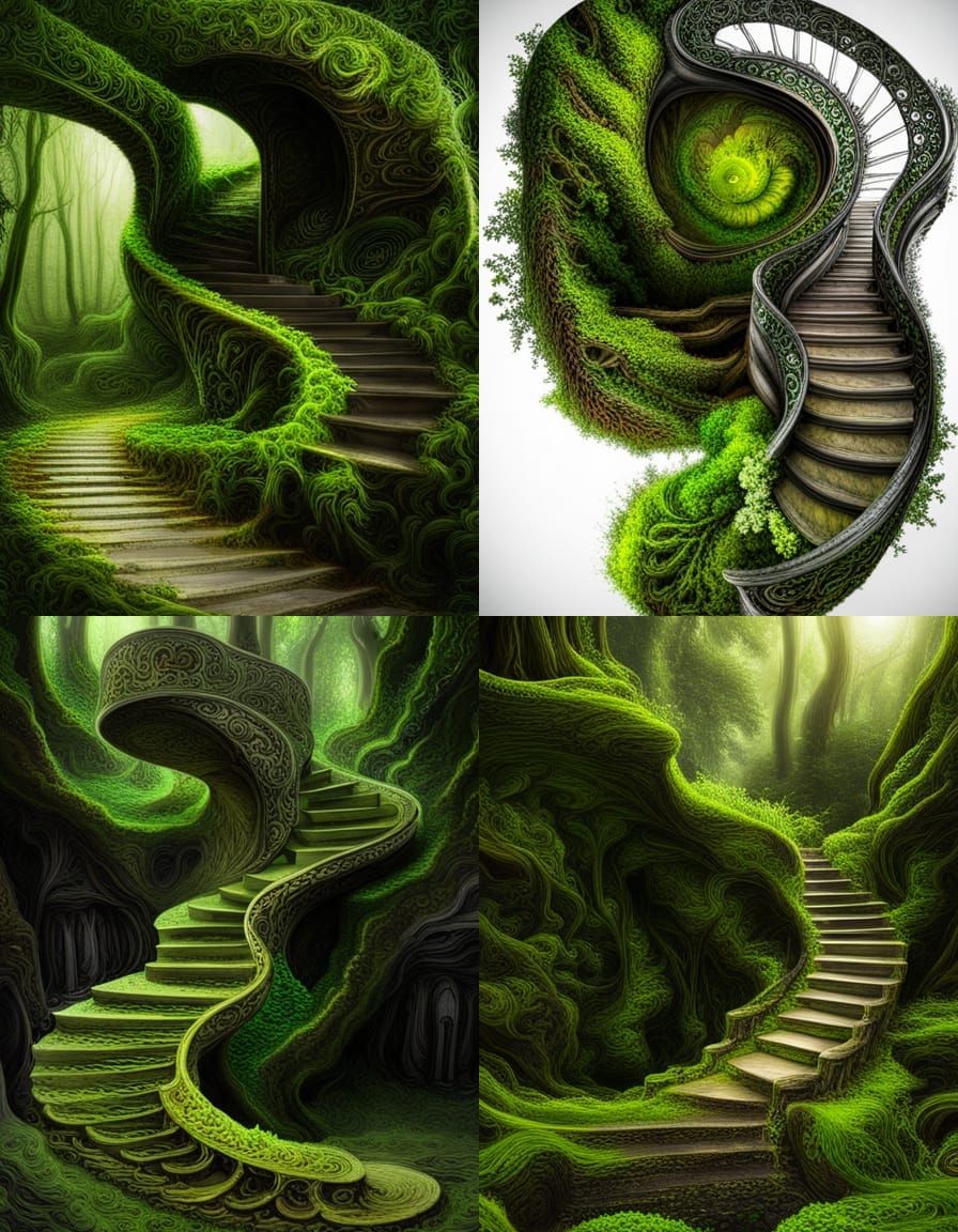 Winding & spiraling vines forming a mossy staircase in the woods - AI ...