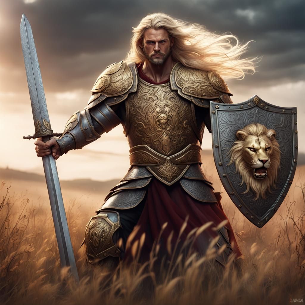 A male muscular human paladin blonde long hair in the early 40 years ...