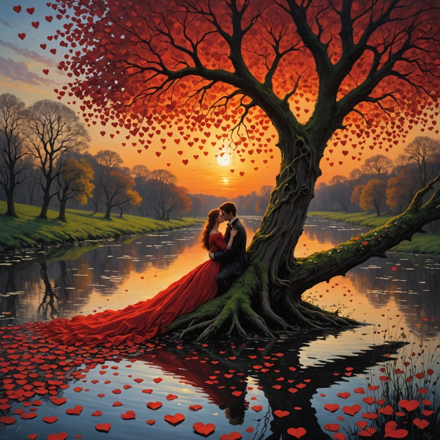 Romantic red, Love river, Hearts, tree, sunset, Op... - AI Art