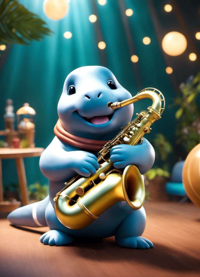 baby manatee playing an inflatable saxophone;character design;CGI;epic ...