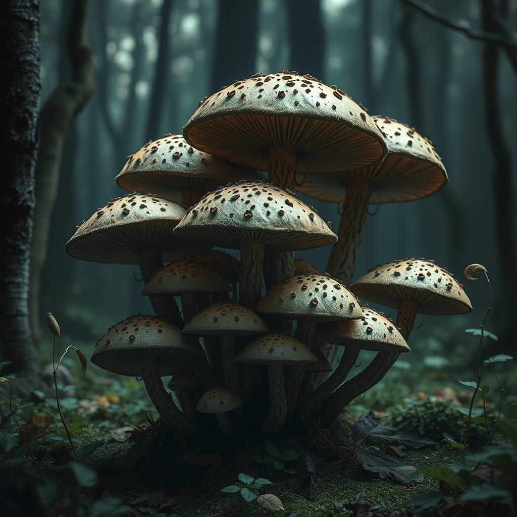 Gothic Mushrooms Gather in Dark, Mystical Forest - AI Art