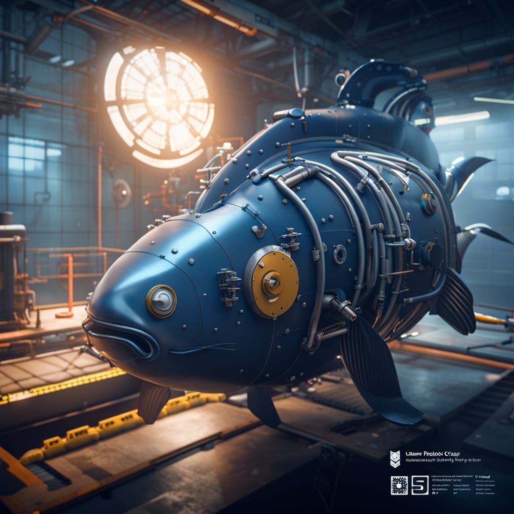 blueprint map of a mechanical carp, cyborg carp, robot carp, fischlike ...