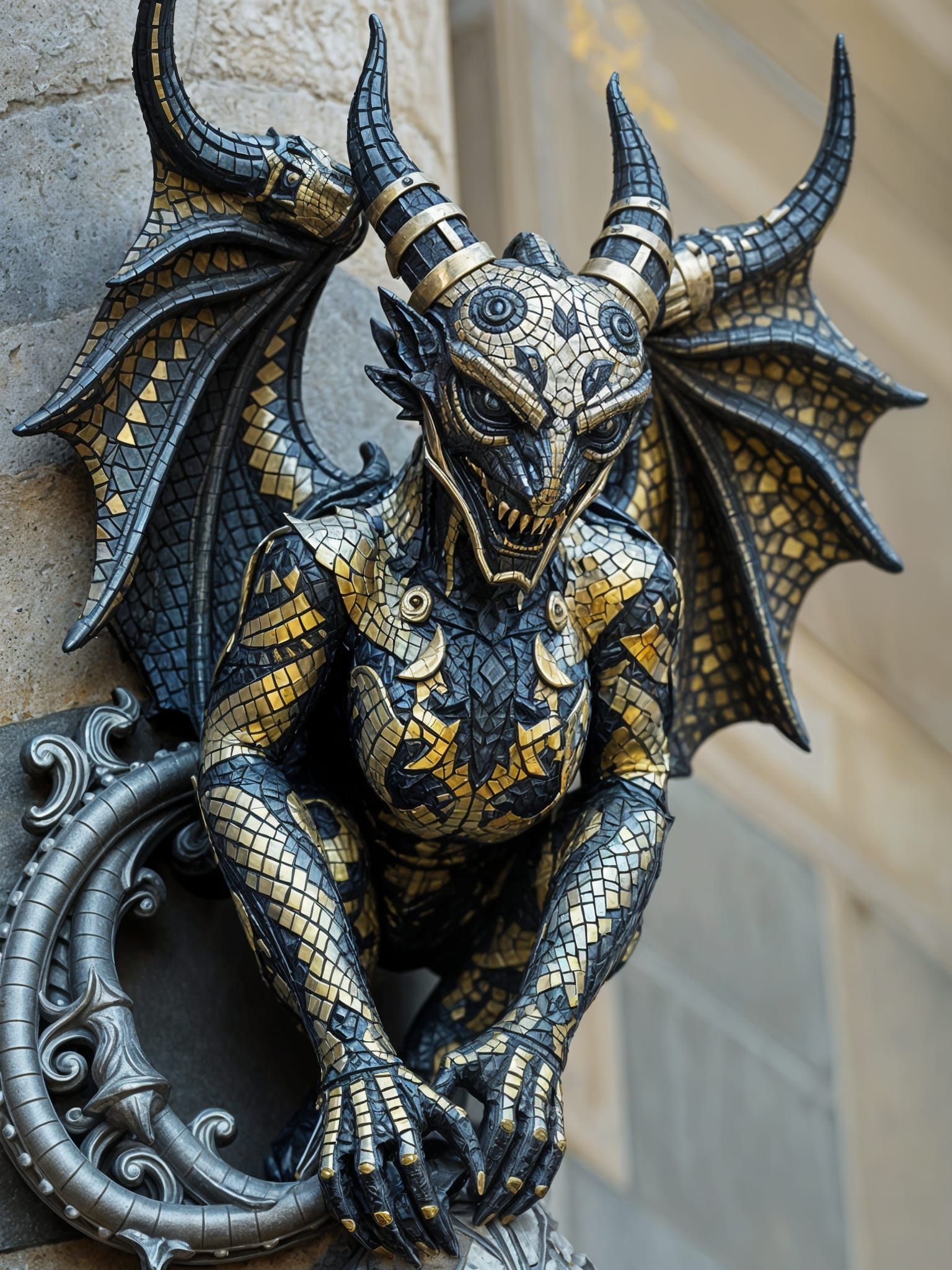 Mosaic monster gargoyle - Elegant Gargoyle Sculpture in Meta...